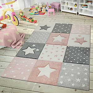 Paco Home Kids Rug for Nursery Checkered with Dots & Stars in Pink White Grey, Size: 2'8" x 4'11"
