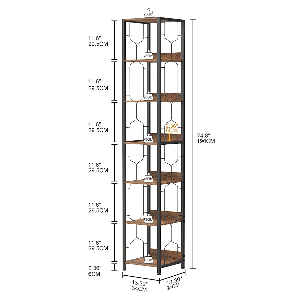 GiftGo 7-Tier Tall Narrow Bookshelf Corner Skinny Thin Bookcase Open Storage Display Rack Industrial Book Shelves Vertical Storage for Small Space Home Office Living Room (Rustic Brown, Narrow)
