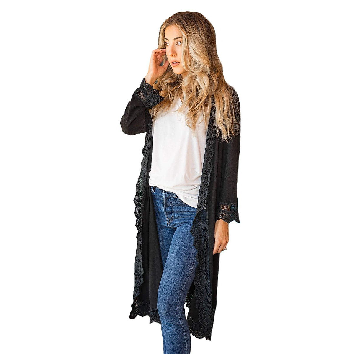 Tickled Teal Women's 3/4 Sleeve Lace Trim Casual Wrap Cardigan Coverup Outerwear Sweater (Black, Large)