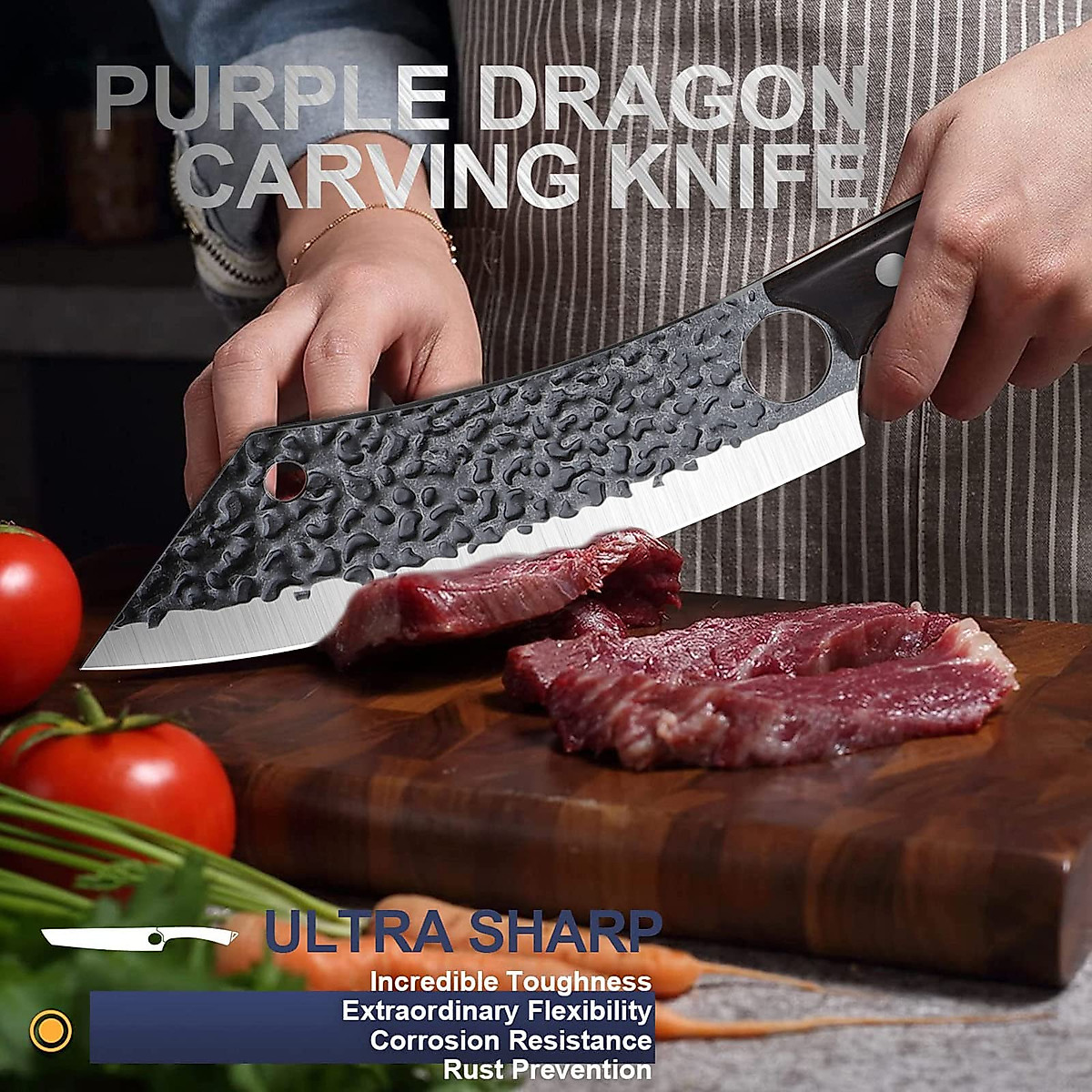 Purple Dragon 7 Inch Elegant Butcher Knife with Leather Bag with 8 Inch Japanese Meat Cleaver Ultra Sharp