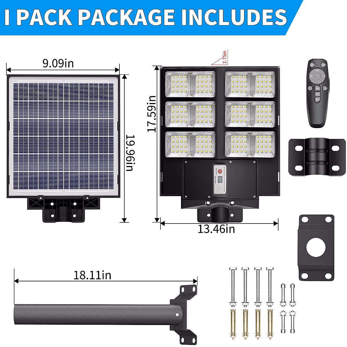 JAYNLT 800W Solar Street Light, 80000LM Dusk to Dawn Solar Parking Lot Lights IP67 Waterproof, 6500K Led Solar Security Light Outdoor with Motion Sensor and Remote Control for Yard, Garage, Road