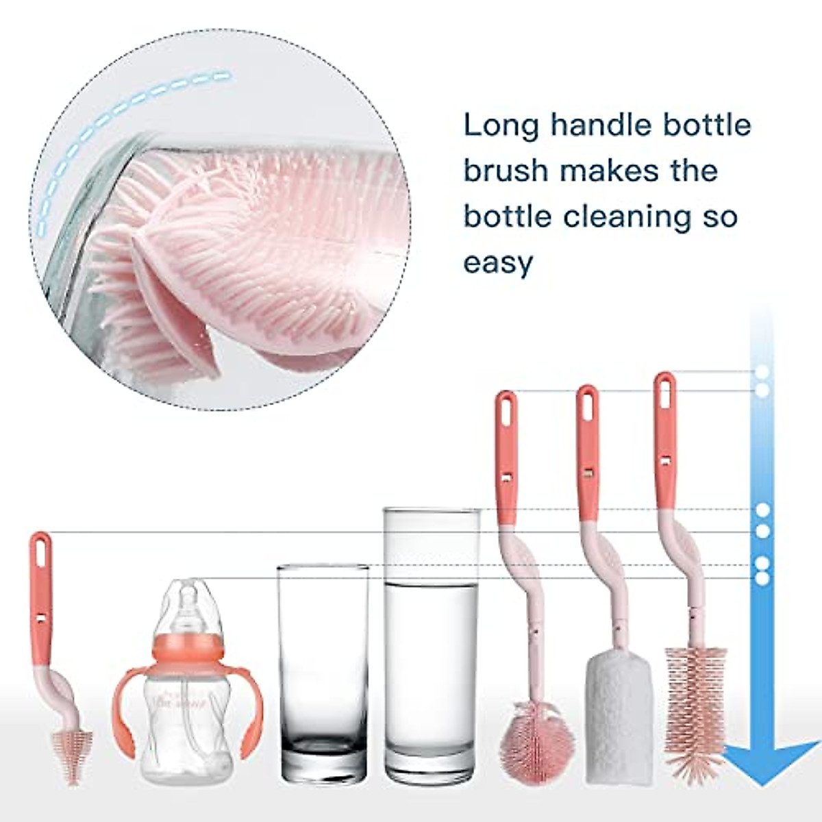 Baby Bottle Brush and Drying Rack, VOOWO Rotating Silicone Bottle Brush with Long Handle, Bottle Drying Rack with Bottle Cleaner Brush & Nipple & Straw Cleaner (Pink Rotating Brush & Drying Rack)