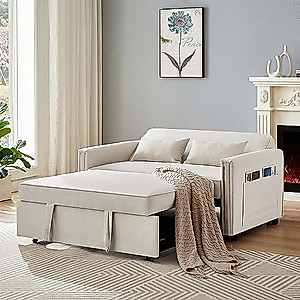 Antetek Sleeper Sofa Couch Bed, 54" Modern Linen 3 in 1 Convertible Loveseat Sleeper with Pullout Bed, Small Love seat Futon Sofa w/Adjustable Backrest for Living Room Bedroom, Ivory