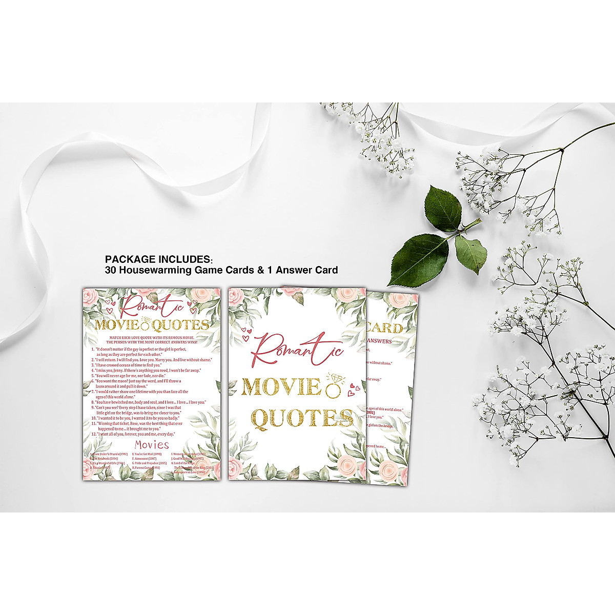 Bridal Shower Games - Romantic Movie Quotes Wedding Party Game - Boho Floral Greenery Bachelorette/Engagement Party Supplies Activities - Pack of 30 Game Cards & 1 Answer Card (A02)