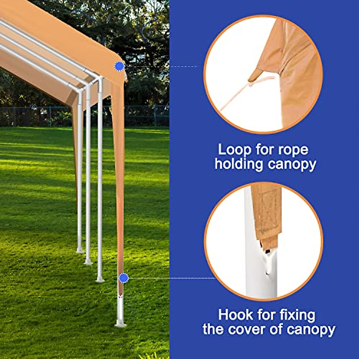 MARVOWARE 10x20 Car Canopy Replacement Carport Tarp Cover with Fabric Pole Skirts Ball Bungees for Tent Top Garage Boat Shelter(Only Tarp Cover) Carpas para Carros(Sólo Hule)
