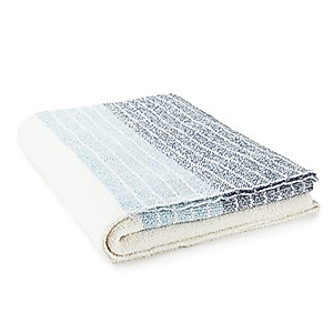 Crafted by Catherine Heathered Border Cozy Knit Throw Blanket 60" x 70" Inches, Soft Comfy Decorative Throw for Couch Bed Sofa Travel, Stripe Cream and Blue