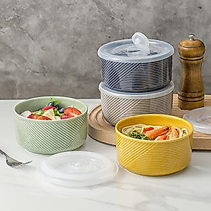 Adewnest Ceramic Bowl with Lid: 5 Inch Porcelain Bowls Set with Lids for Lunch, Picnic - Food Storage Containers - Prep Bowls for Kitchen - Microwave Oven Safe Serving Bowls Set of 4, 20 oz (Warm)