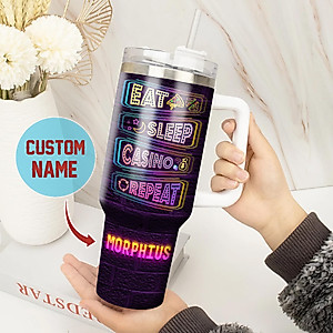 WAZONE Personalized Casino Tumblers Custom Name Travel Cup Insulated 40oz Tumbler with Handle and Straw Stainless Steel Sayings Double Wall Vacuum Mug Christmas Birthday Funny Gifts For Men