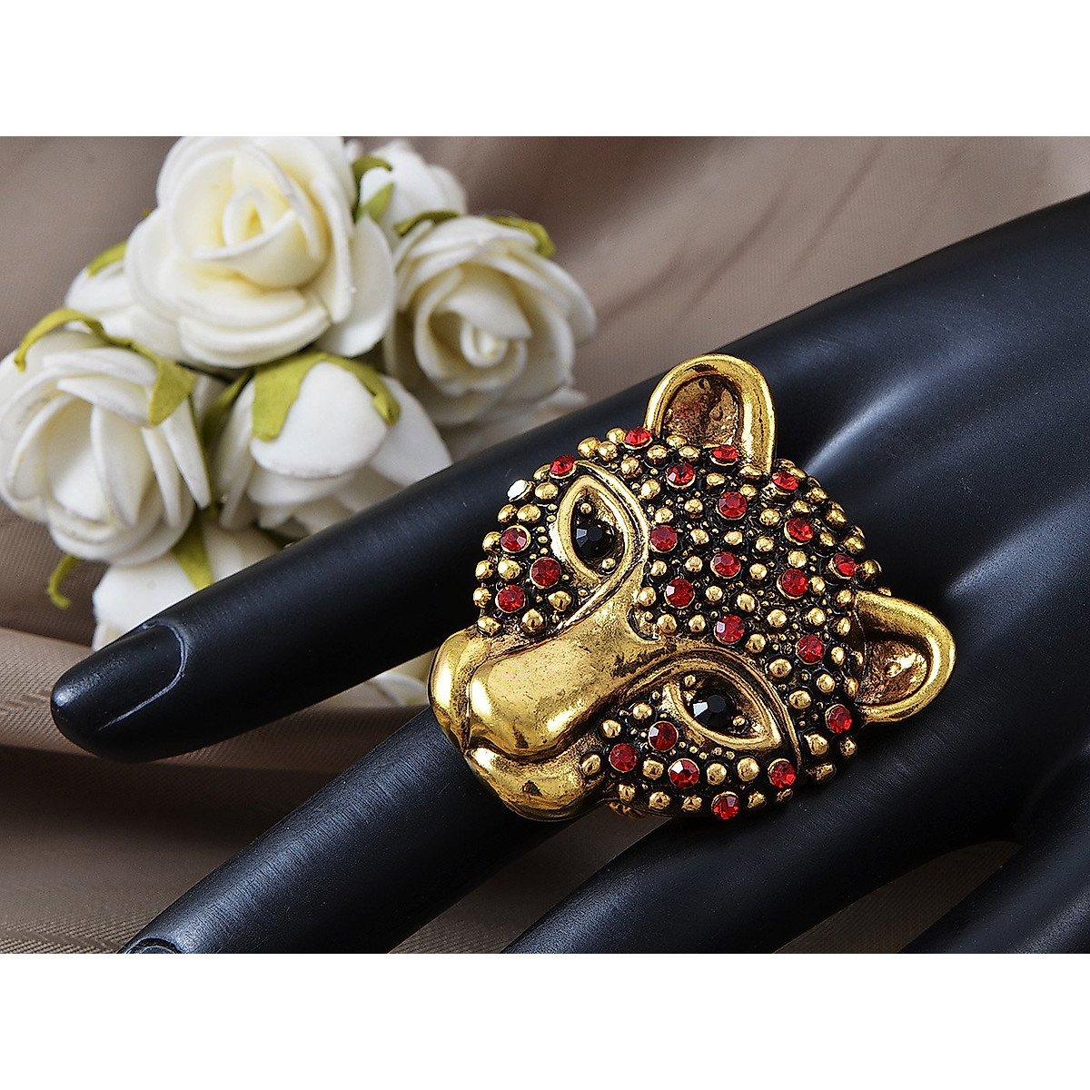 Alilang Antique Golded Tone Ruby Red Crystal Rhinestones Cheetah Feline Stretch Ring