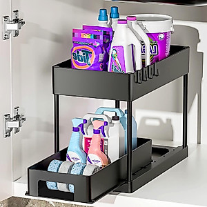 2 Pack Under Sink Organizers and Storage With Sliding Storage Drawers Basket,2 Tier Bathroom Organizer Under Sink,Kitchen Cabinet Organizers And Storage Rack With Hooks,The Bottom Can Be Pull Out
