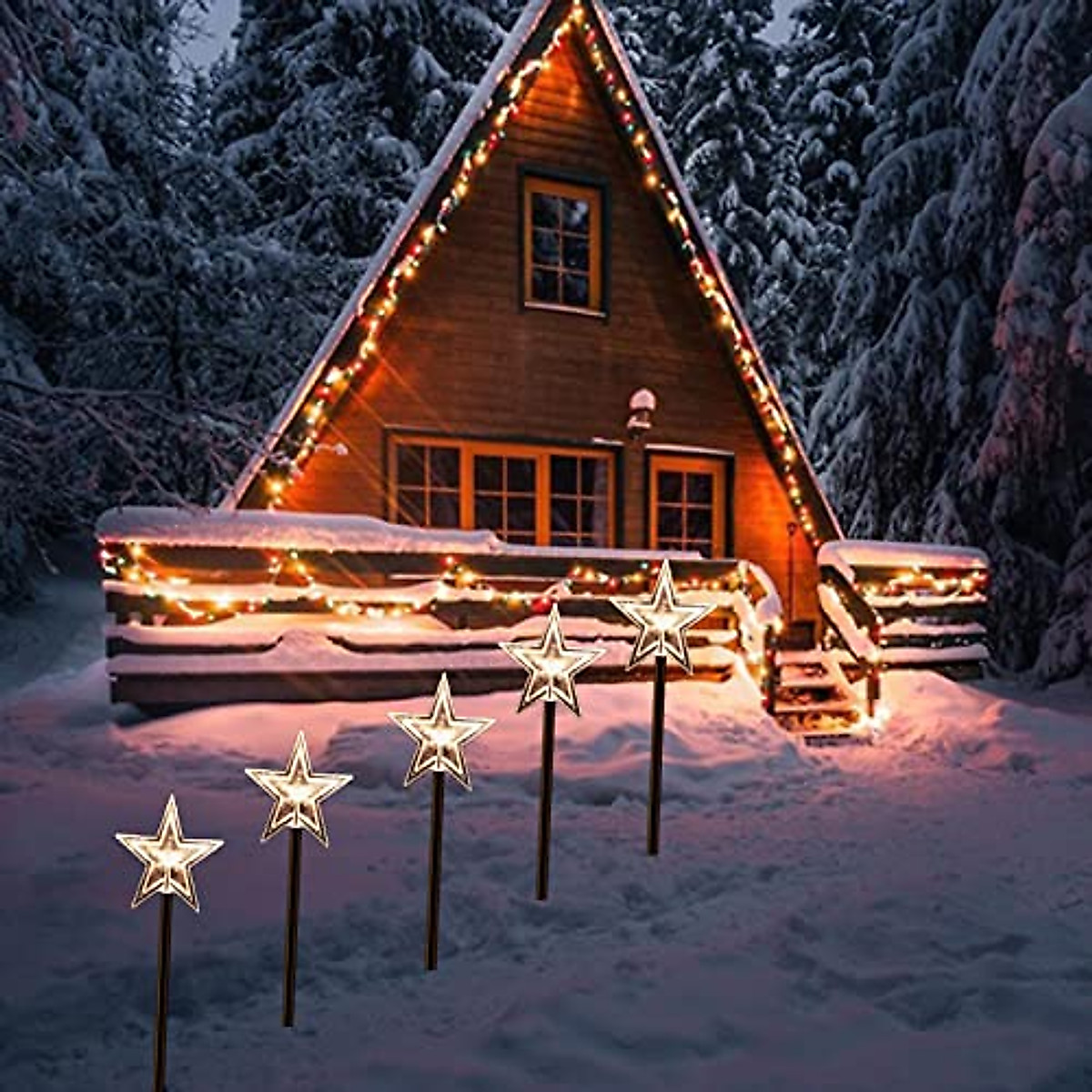Rehenbsem Solar Christmas Lights Outdoor,5PCS Energy Saving Waterproof Solar Powered Stake Lights,2-Lighting Modes Christmas Decorations Garden Stake for Pathway, Lawn, Yard Decor (Star)