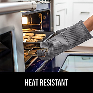 Gorilla Grip Heat and Slip Resistant Silicone Oven Mitts Set, Soft Cotton Lining, Waterproof, BPA-Free, Long Flexible Thick Gloves for Cooking, BBQ, Kitchen Mitt Potholders, 12.5 in, Gray