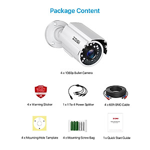 ZOSI 4 Pack 2.0MP 1080P HD-TVI Security Cameras,Outdoor Indoor,80ft Night Vision,1920TVL,Weatherproof Surveillance CCTV Bullet Camera for 720P/1080N/1080P/5MP/4K HD-TVI AHD CVI Analog DVR Systems
