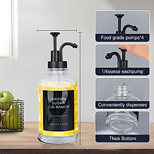MSTCMZP Coffee Bar Accessories 4 Pack Coffee Syrup Dispenser for Coffee Bar,500ML Glass Coffee Syrup Pump Dispenser,Coffee Syrup Bottles with Labels (4pc black)