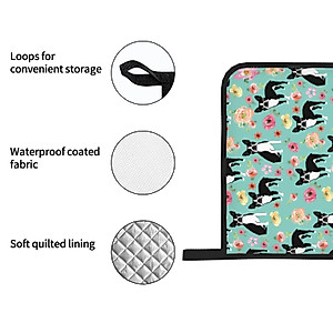Florals Boston Terrier Dogs Oven Mitts and Pot Holders Heat Resistant 4 Pcs Sets Waterproof Non-Slip for BBQ Cooking Baking Grilling