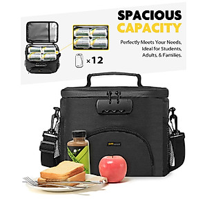 SafeDelux Insulated Lunch Bag with Combination Lock - Durable, Leakproof, Large Cooler Bag with Adjustable Shoulder Strap for Men Women (Black)