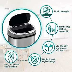 Automatic 13 Gallon Kitchen Stainless Steel Touch Free Trash Can with Lid High-Capacity Waste Bin with Ring Garbage Can for Home Kitchen Bathroom Bedroom Office
