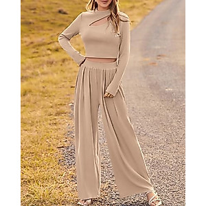 BTFBM Women's 2 Piece Tracksuit Outfits Cutout Long Sleeve Crop Top Wide Leg Pant Ribbed Knit Sweatsuits Yoga Lounge Set(Solid Khaki, Medium)