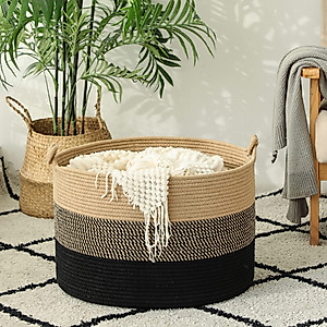 KAKAMAY Large Cotton Rope Blanket Basket (20"x13"),Woven Baby Laundry Hamper，Blanket Basket for Nursery, Laundry, Living Room, Pillows, Toys Dotted Pattern（White）