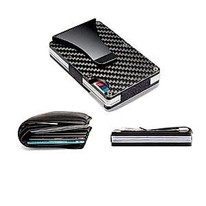 RFID Blocking Carbon Fiber Wallet Slim Money Clip and Minimalist Wallet Aluminum Metal Wallet Front Packet and Business Card Holder Black blue