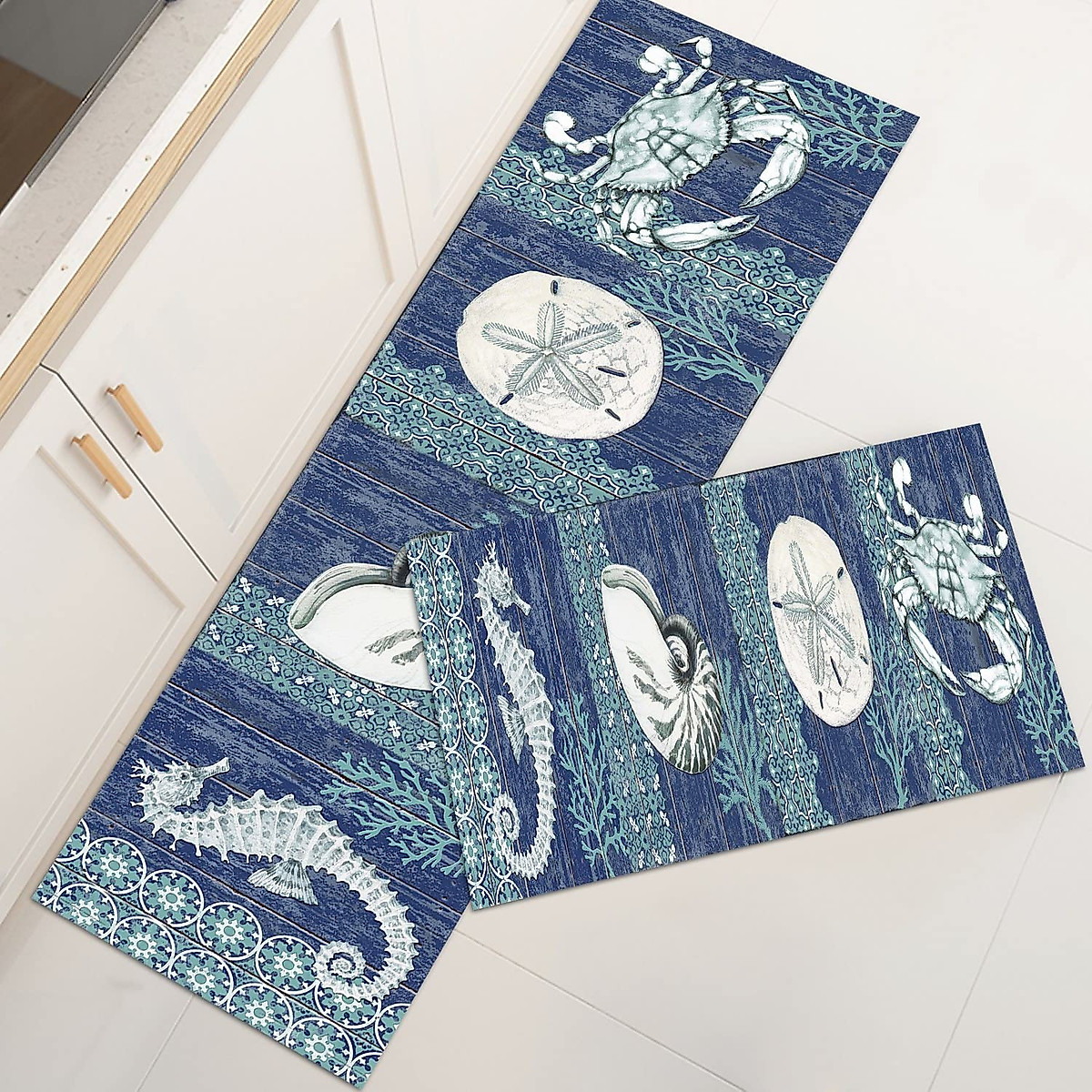 GUBIYU Kitchen Rugs Sets 2 Piece Floor Mats Sea Underwater Submarine Blue Crab Durable Doormat Nautical Ocean Animal Area Rugs Washable Runner Carpet Set Non Slip Fantastic Crab Kitchen Rugs and Mats