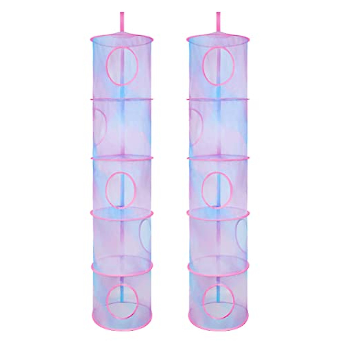 Sutinban 2 Pcs Hanging Mesh Stuffed Animal Storage for Kids Room, Bathroom and Balcony, 5 Tier Foldable Corner Net Organizer, for Organizing Plush Toys, Socks,Pink-Blue Tiedye(Pink)
