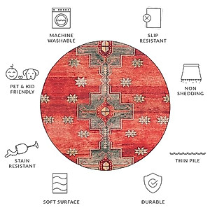 SAFAVIEH Tucson Collection Area Rug - 6' Round, Rust & Green, Persian Design, Machine Washable & Slip Resistant, Ideal for High Traffic Areas in Living Room, Bedroom, Dining (TSN189P-6R)