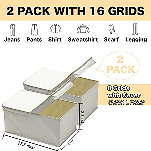 2Pcs Closet Wardrobe Clothes Organizer with Cover for Folded Clothes with Support Board, 8 Grids Drawer Organizers for Clothing Jeans Pants Scarf Leggings Organizer for Closet Organization (Beige)