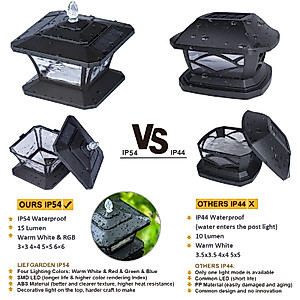 Solar Post Cap Lights Warm White/Red/Green/Blue 4 Lighting Mode, 15 Lumens 1000mAh Battery IP54 Waterproof, Fits 3.5x3.5 4x4 4.5x4.5 5x5 Fence Post Lights Solar Powered Outdoor Lights, Black (2 Pack)