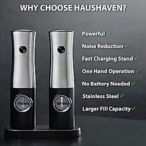 HausHaven Electric Salt and Pepper Grinder Set Rechageable with Stand - Best Kitchen Gadgets, Spice Mill Grinders, Automatic Recharging Base, One-Hand Operation, Refillable, Great Housewarming Gift