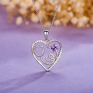 AmorAime 925 Sterling Silver Heart Necklace Nurse Necklace Stethoscope Birthstone Necklace for Doctor Medical Student for Festival, Vacation