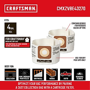 CRAFTSMAN CMXZVBE43270 Genuine Fine Dust Wet Dry Vac Dust Collection Bags for CRAFTSMAN CMXEVBE17612 4 Gallon Shop Vacuum, Collects Dry Fine Debris, Reduces Cleanup Time, 2-Pack