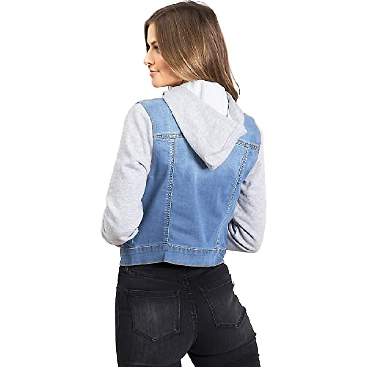 Wax Jeans Women's Juniors Hoodie Denim Jacket, Medium, Light Denim