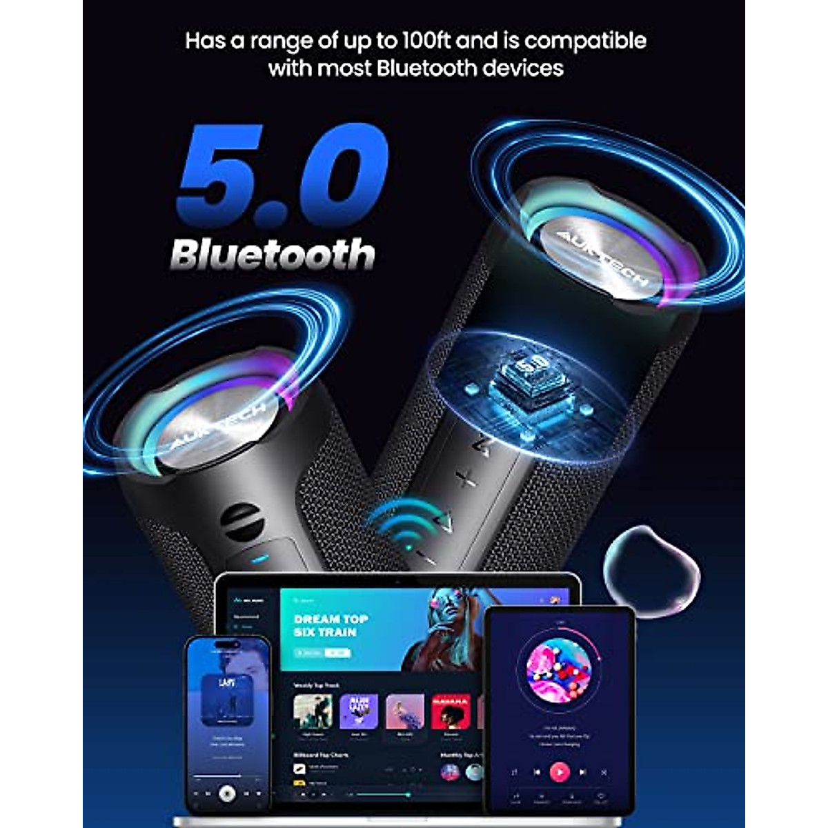 AUKTECH Bluetooth Speakers - Portable Speakers Bluetooth Wireless(100ft), 24W Loud Stereo Sound, Led Lights, 20H Playtime, IPX7 Waterproof Speaker for Outdoor, Home, Party, Beach, Shower