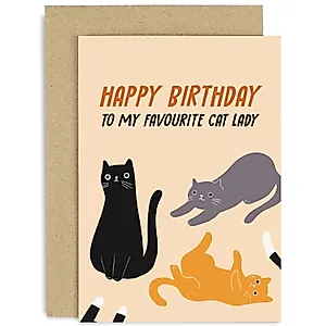 Old English Co. Happy Birthday Favourite Cat Lady Birthday Card - Funny Birthday Card for Mum, Sister, Auntie, Friend - Hilarious Cat Greeting Card for Women | Blank Inside with Envelope