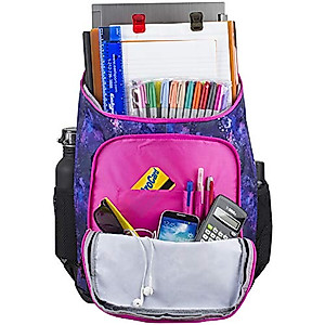 FUEL Wide Mouth Sports Luggage Backpack with Front Bungee and Inner Tech Pocket, Black/Hot Pink/Galaxy Print