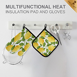 ALAZA Summer Lemon Fruit Leaves Watercolor Oven Mitt and Pot Holder Set Heat Resistant Kitchen Glove for Cooking Baking Grilling Barbecue