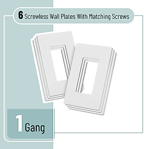 Bates- Screwless Decorator Wall Plates, Switch Plate Covers, 6 Pack, Screwless Wall Plates 1 Gang, White Switch Plate Covers, Switch Cover Plate, Wall Switch Cover, Electrical Outlet Cover Plate