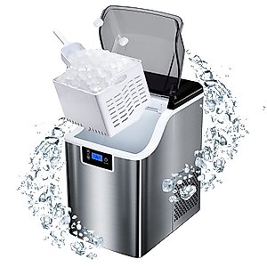 R.W.FLAME Nugget Ice Maker Countertop, Pebble/Pellet Ice Maker，Ice Ready in 10-15 Mins, 44Lbs/24H, Auto Self-Cleaning, with LCD Screen for Home Office Party Bar,Silver