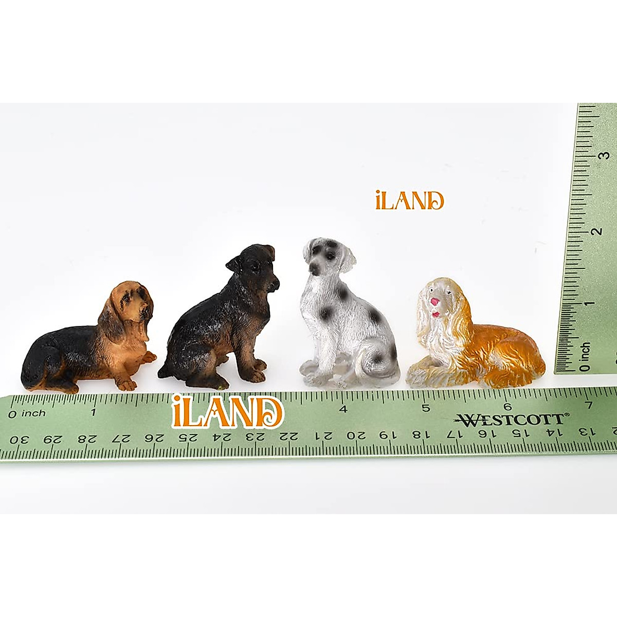 iland Dollhouse Pet of Mini Dog, 4pcs Realistic Miniature Figures, Hand Painted Tiny Dogs incl Cocker Spaniel, Dalmatian, Basset Hound & German Hunt Terrier on 1:12 Scale, Dog Cake Toppers