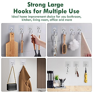 Lsnisni 20 Pack Large Adhesive Hooks, Wall Hooks for Hanging Heavy Duty 22Ib(Max), Clear and Removable Strong Sticky Hooks, Waterproof and Rustproof Multiple Uses for Bathroom Kitchen Office