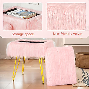 MOOWIND Vanity Stool Chair with Storage, Soft Ottoman Seat Vanity Stool with Anti-Slip Feet, Fluffy Padded Seat Multifunctional Footrest Side Table with 4 Metal Legs for Makeup, Bedroom, Pink