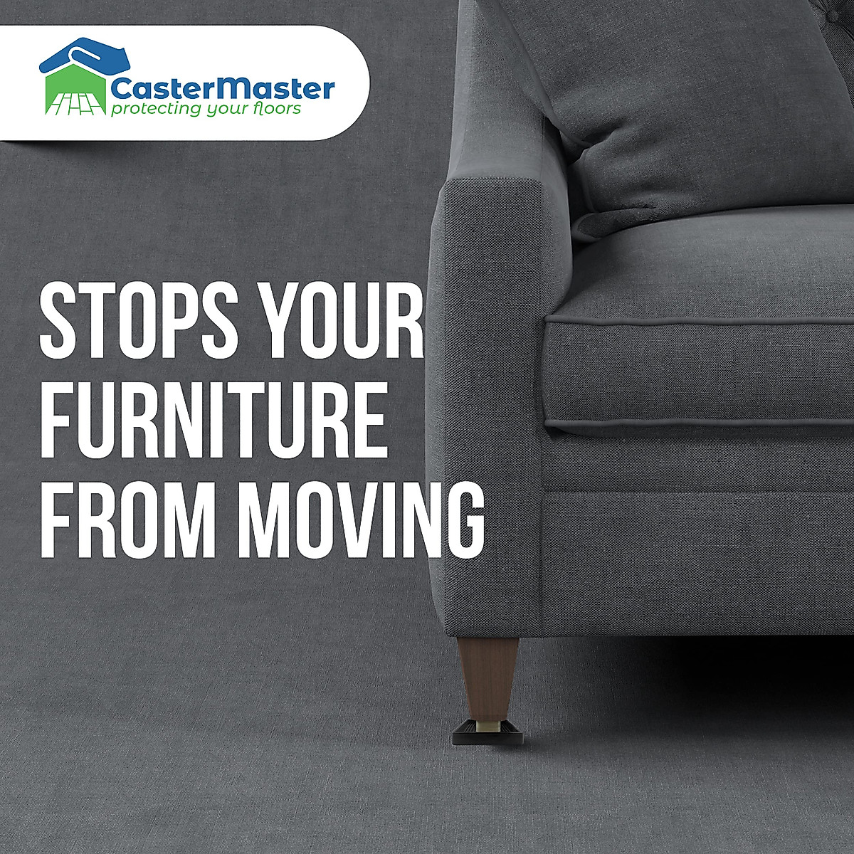 CasterMaster Non Slip Furniture Pads- 2x2 Square Rubber Anti Skid Caster Cups, Leg Coasters- Couch, Chair, Feet, and Bed Stoppers- Anti-Sliding Floor Protectors for Furniture (Set of 4) Black