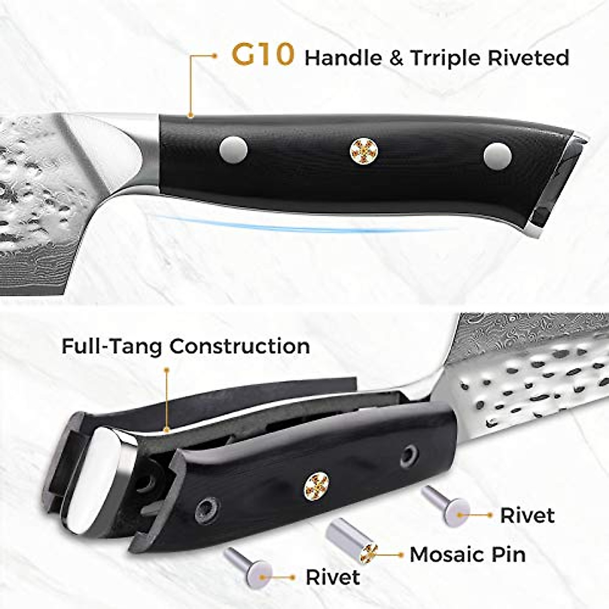 KEEMMAKE Damascus Chef's Knife, 6.5 Inch Gyutou with Hammered AUS-10 Blade, Professional Kitchen Knife with G10 Handle