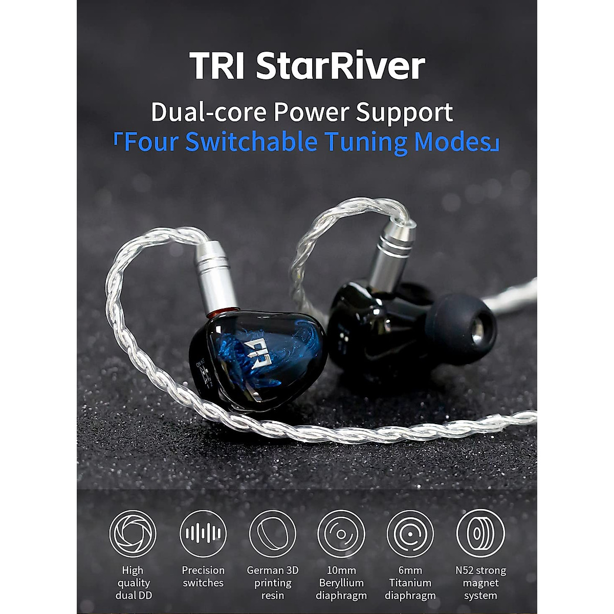 keephifi TRI Starriver in Ear Monitor Earbuds,Wired Earbuds Beryllium Dynamic Earphones+ Metal Titanium Diaphragm, Comfortable Wearing Ear Pressure Relief (Blue,3.5mm)