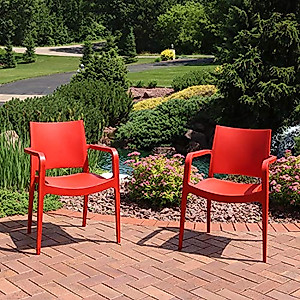 Sunnydaze Landon Plastic Patio Dining Armchair Seat - Modern Design - Deck, Lawn and Garden Seat - Indoor or Outdoor Use - Commercial Grade All-Weather - Red - 4 Chairs