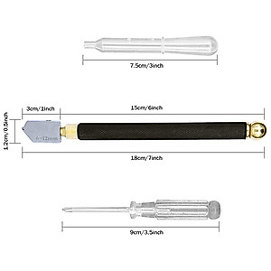 Glass Cutter Tool Set, 2mm-20mm Pencil Style Oil Feed Carbide Tip with Extra Replacement Head and Oil Dropper for Mosaic/Tiles/Mirror/Stained Glass Cutting