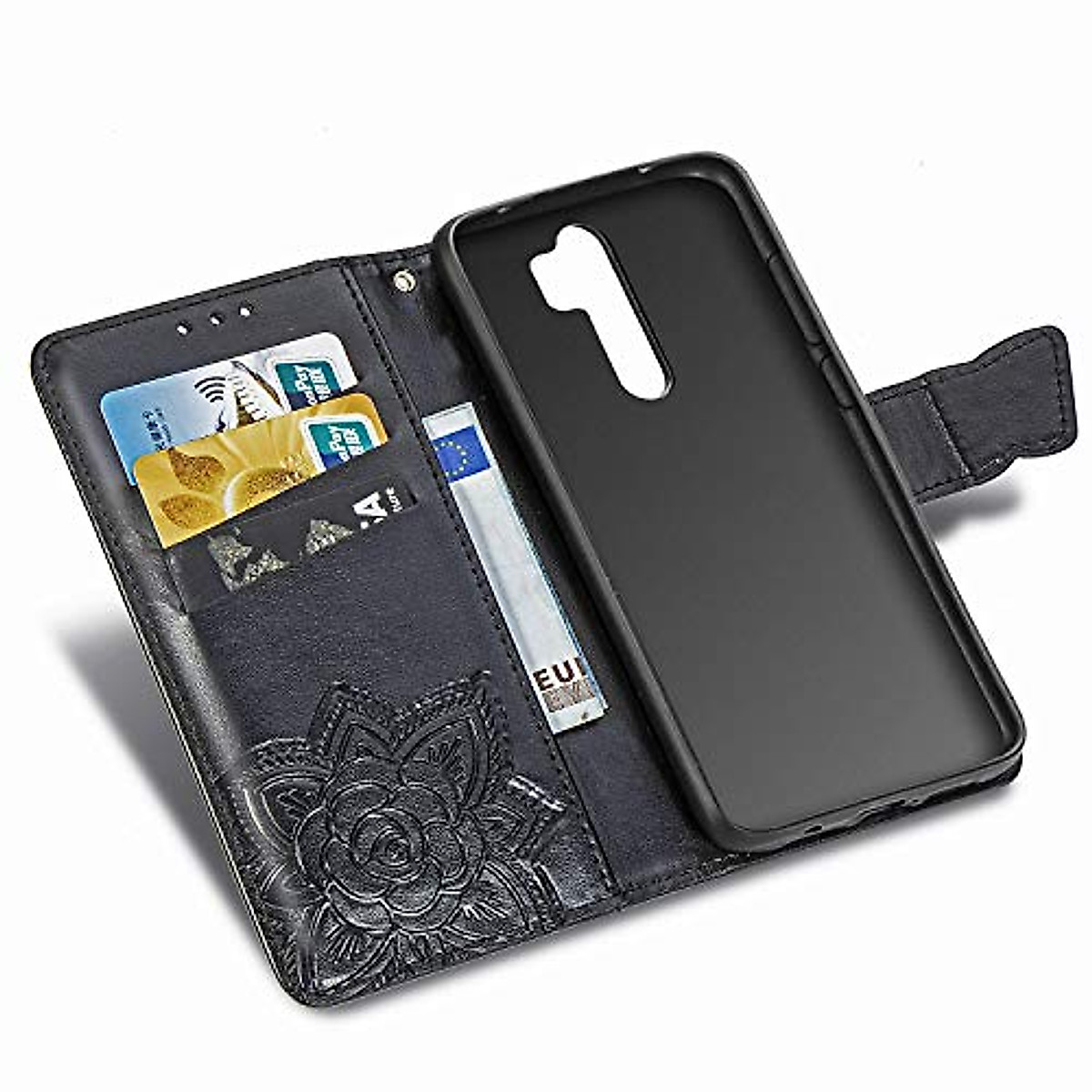 MEIKONST Xiaomi Redmi Note 8 Pro Case, Elegant Embossed Black Butterfly Soft PU Leather Flip Wallet Case with Stand Magnetic Closure Protective Cover for Xiaomi Redmi Note 8 Pro,SD Black Butterfly