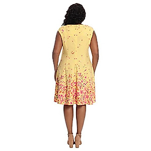 London Times Women's Floral Border Cap Sleeve Fit & Flare Dress, Yellow/Spiced Coral, 4