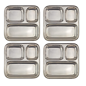 Darware Stainless Steel Divided Plates/Compartment Trays (4-Pack); 9.8 x 8.1 Inches Oblong 3-Section Mini Trays, Great Size for Kids, Portion Control, Camping
